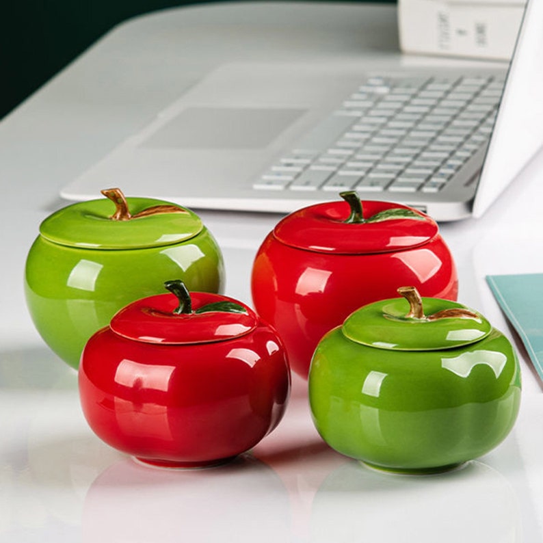 Ceramic Glazed Apple Shaped Ashtray Red and Green, Ashtray With Lid ...