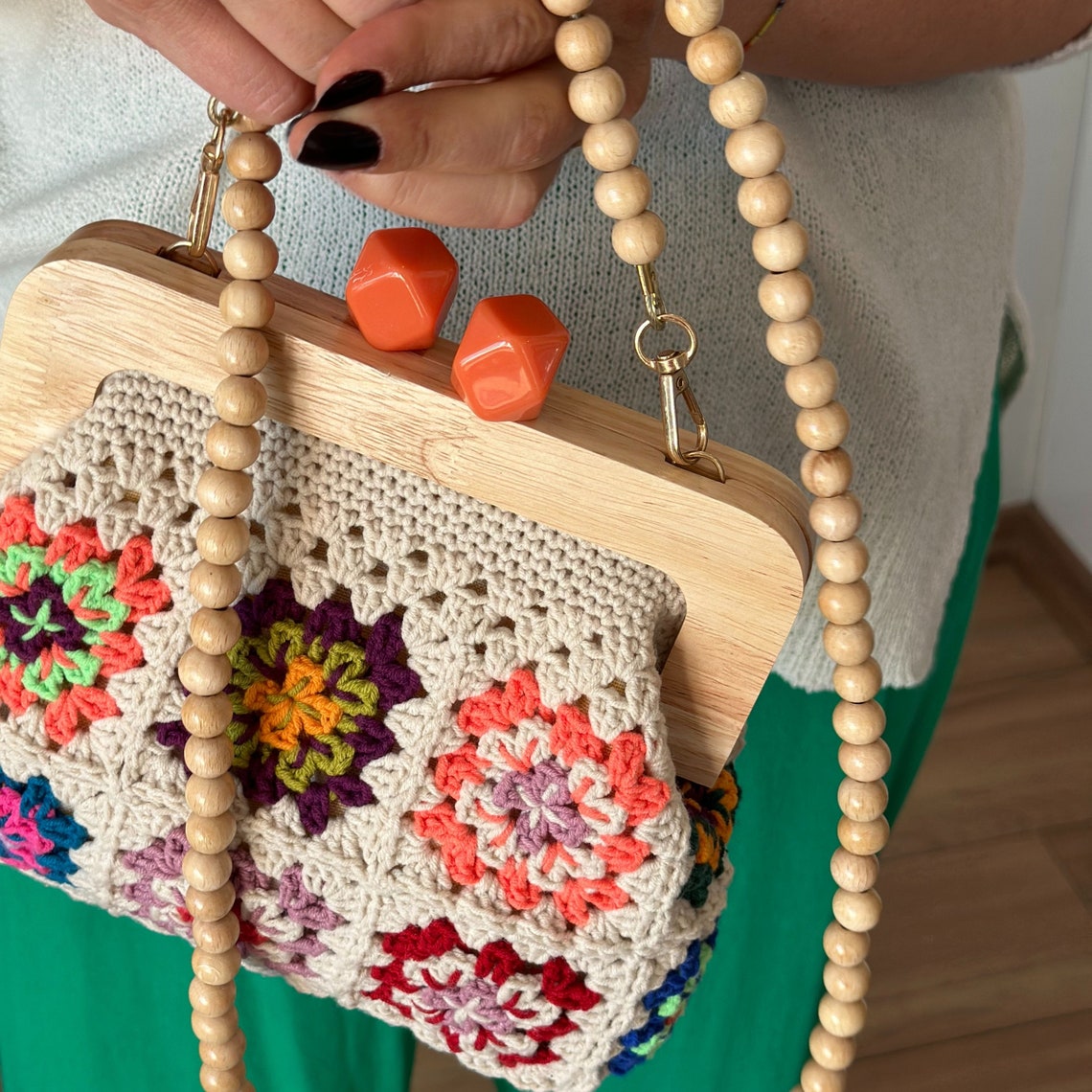 Stylish Crochet Bag With Wood Button and Multicolored Yarn Design ...
