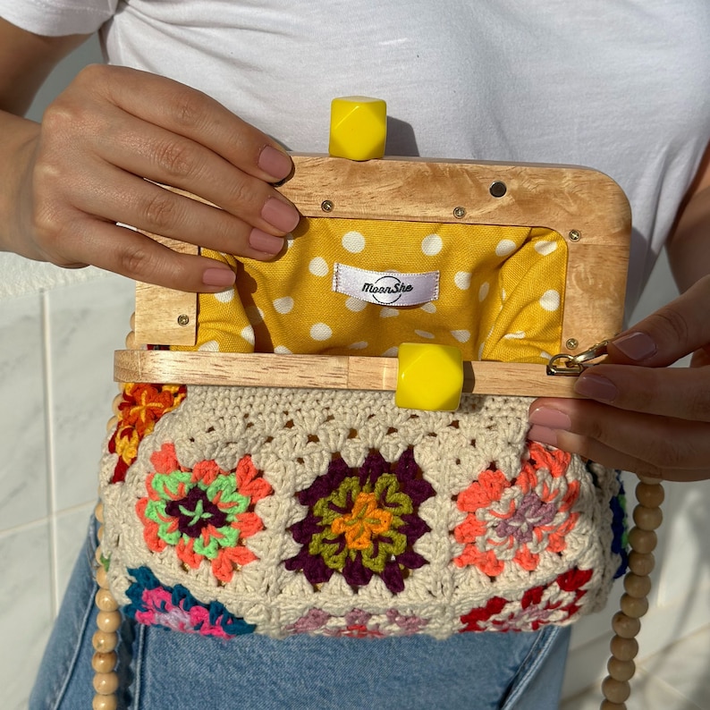 Stylish Crochet Bag With Wood Button and Multicolored Yarn Design ...