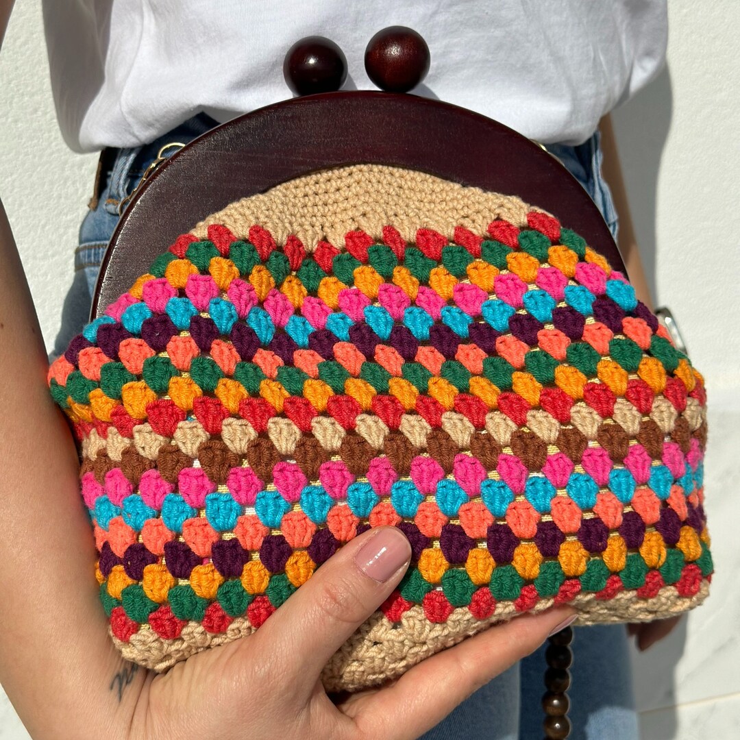 Handmade Brown-based Wooden Clasp Colorful Bag - Crochet Bag - Custom ...