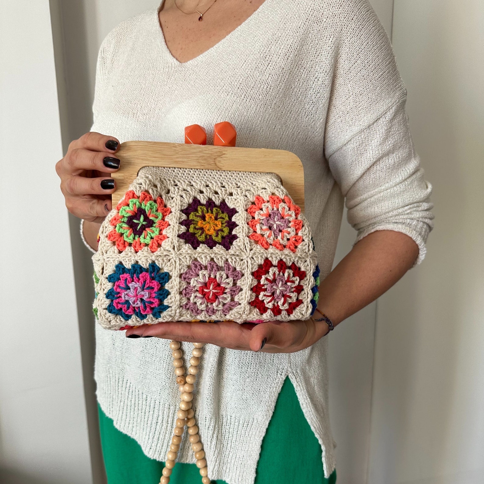Stylish Crochet Bag With Wood Button and Multicolored Yarn Design ...