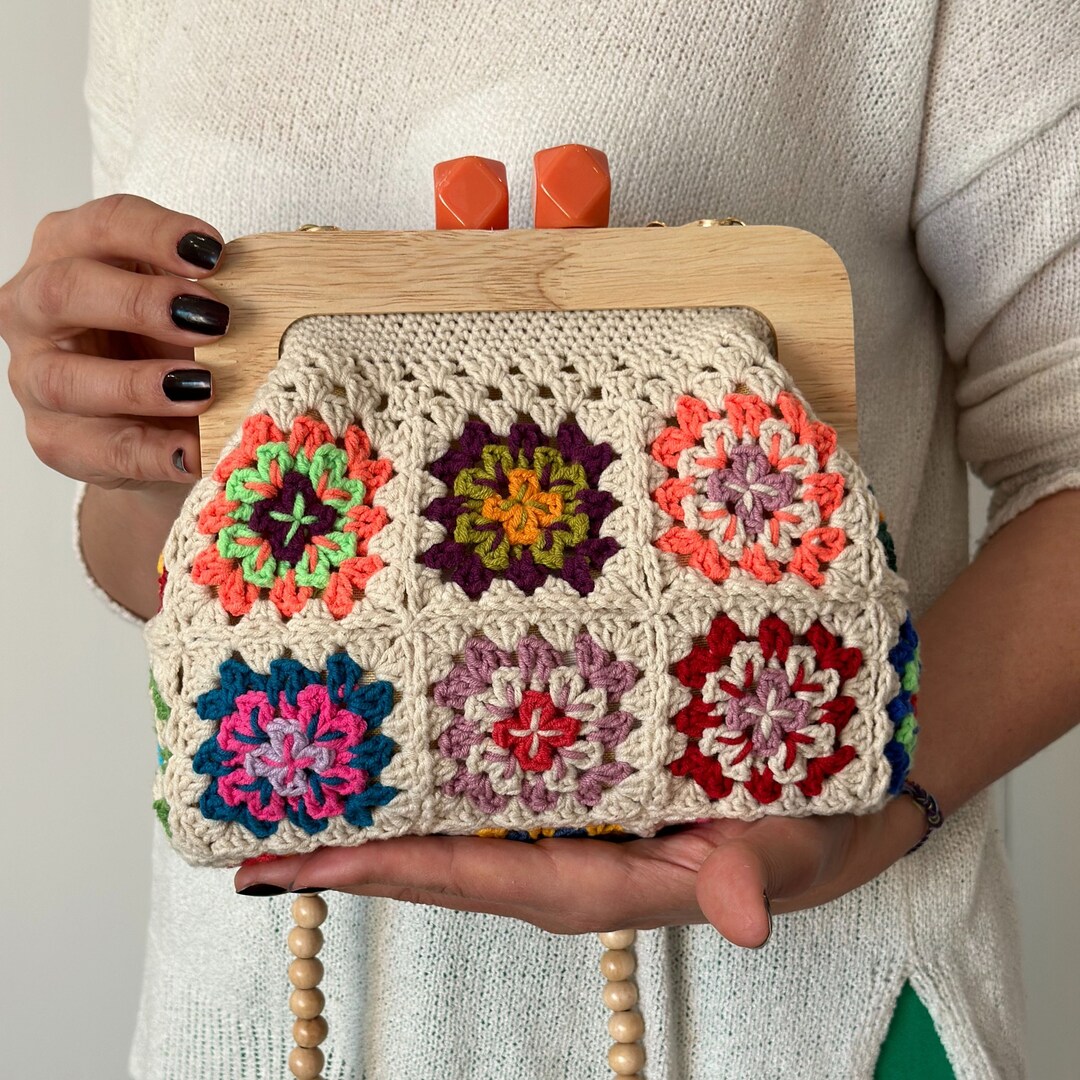 Stylish Crochet Bag With Wood Button and Multicolored Yarn Design ...