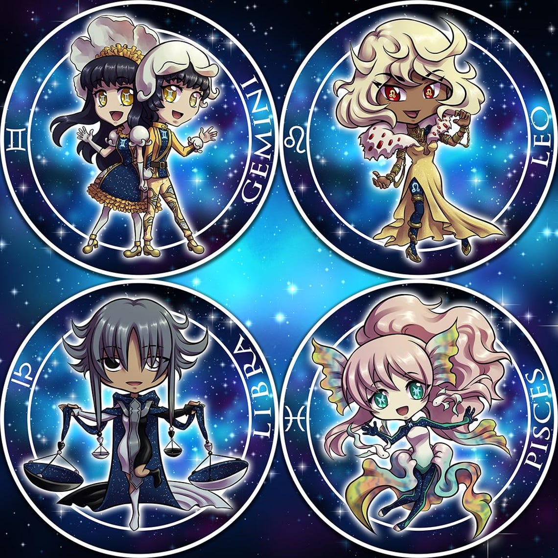 Chibi Zodiac Sticker Holographic Anime Astrology Aquarius Aries Cancer ...