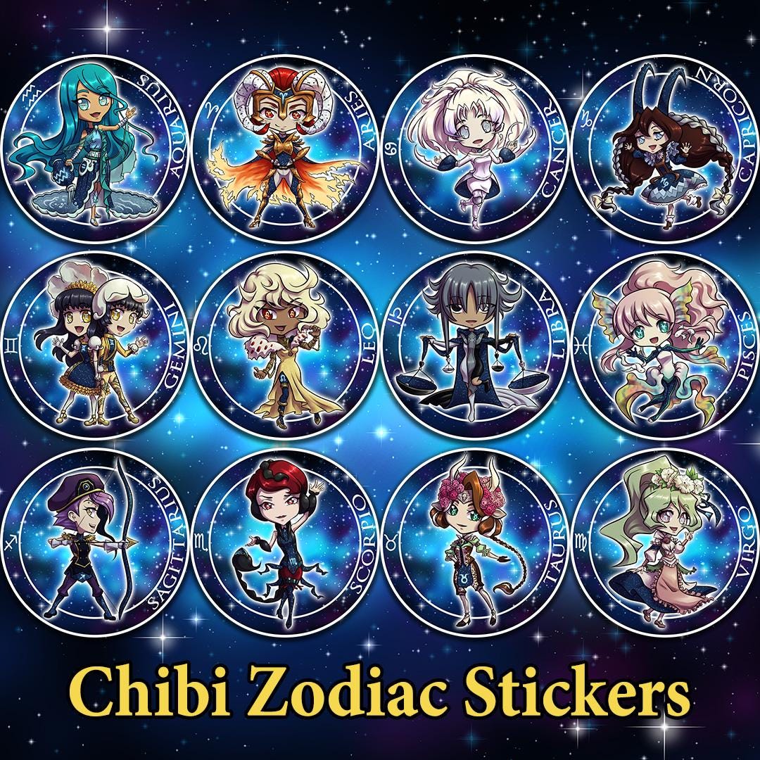 Chibi Zodiac Sticker Holographic Anime Astrology Aquarius Aries Cancer ...