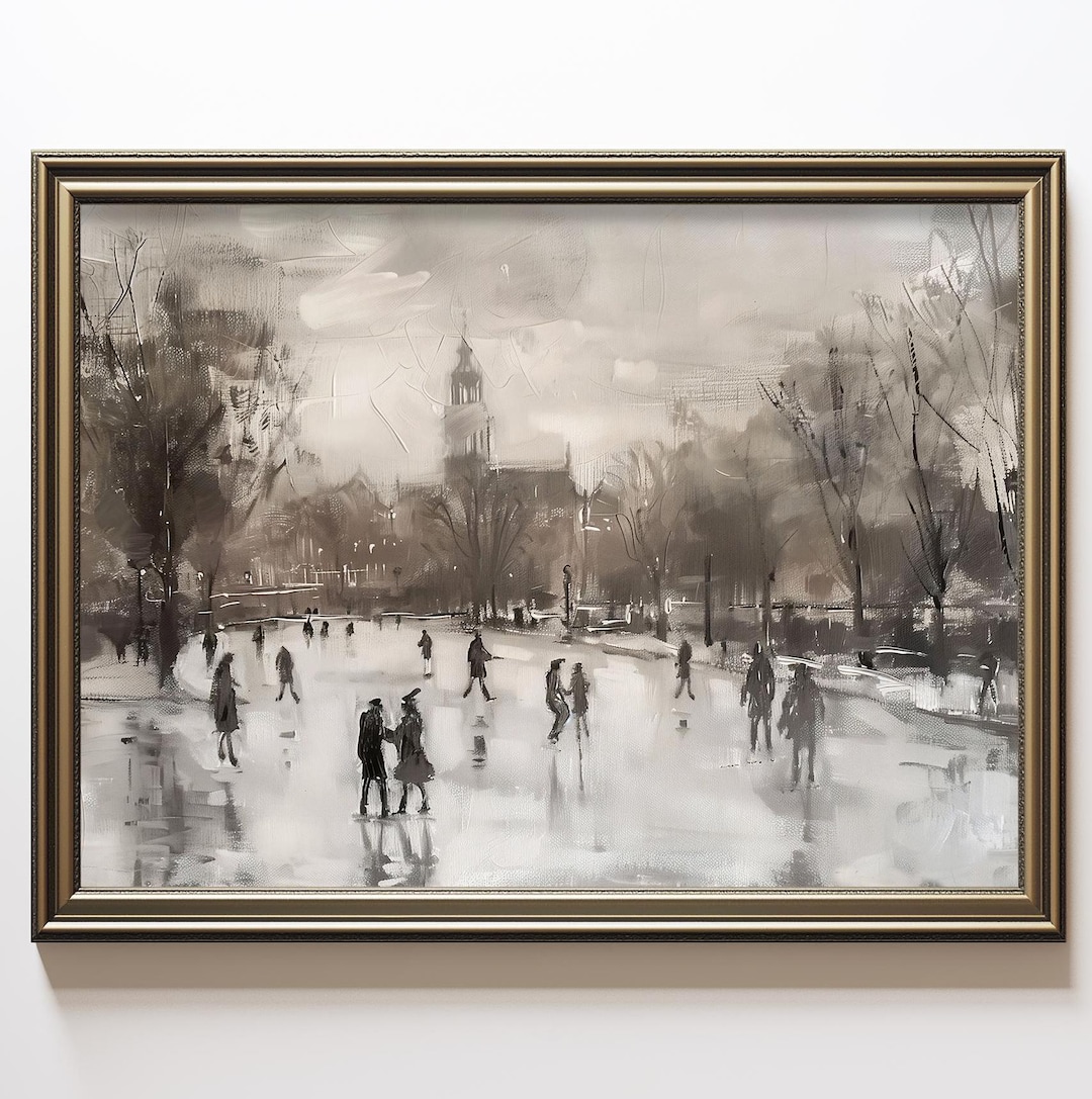 Antique Ice Skating Oil Painting, Vintage Winter Cityscape, Printable ...