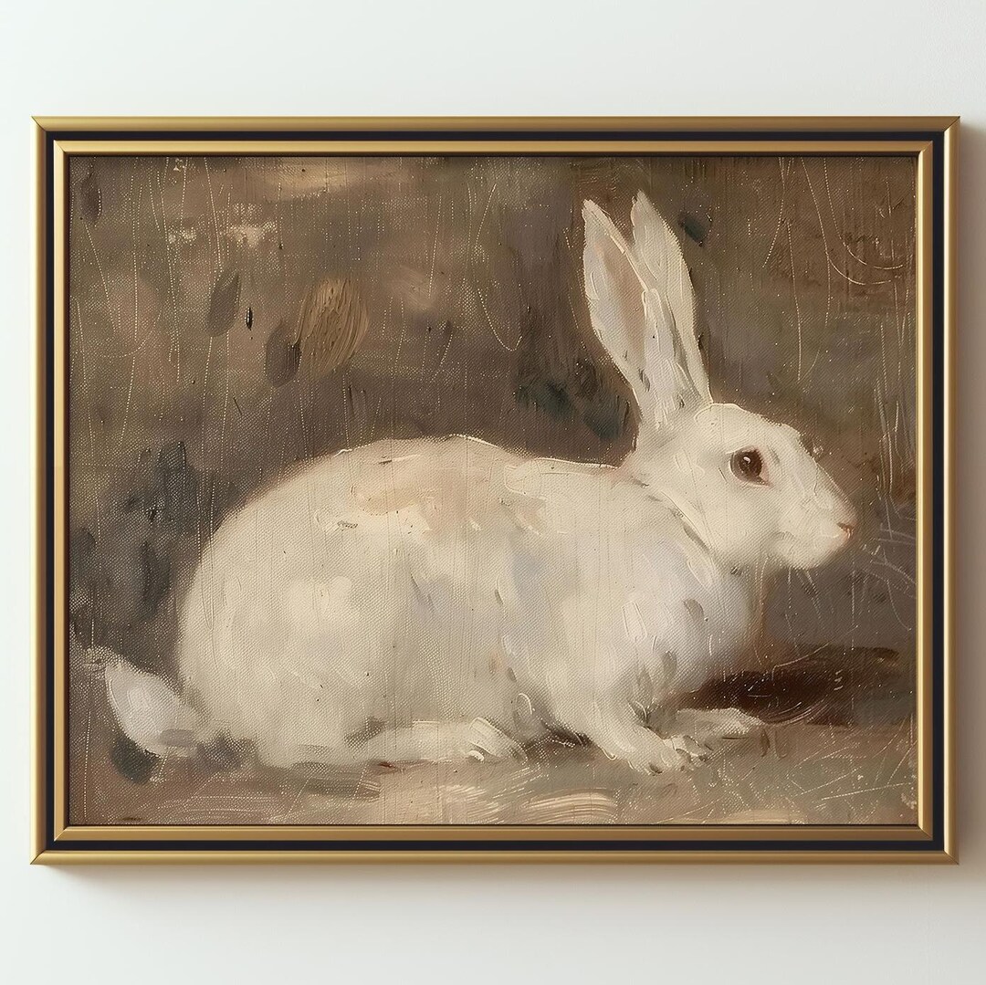 Vintage White Rabbit Oil Painting, Antique Still Life Wall Decoration ...
