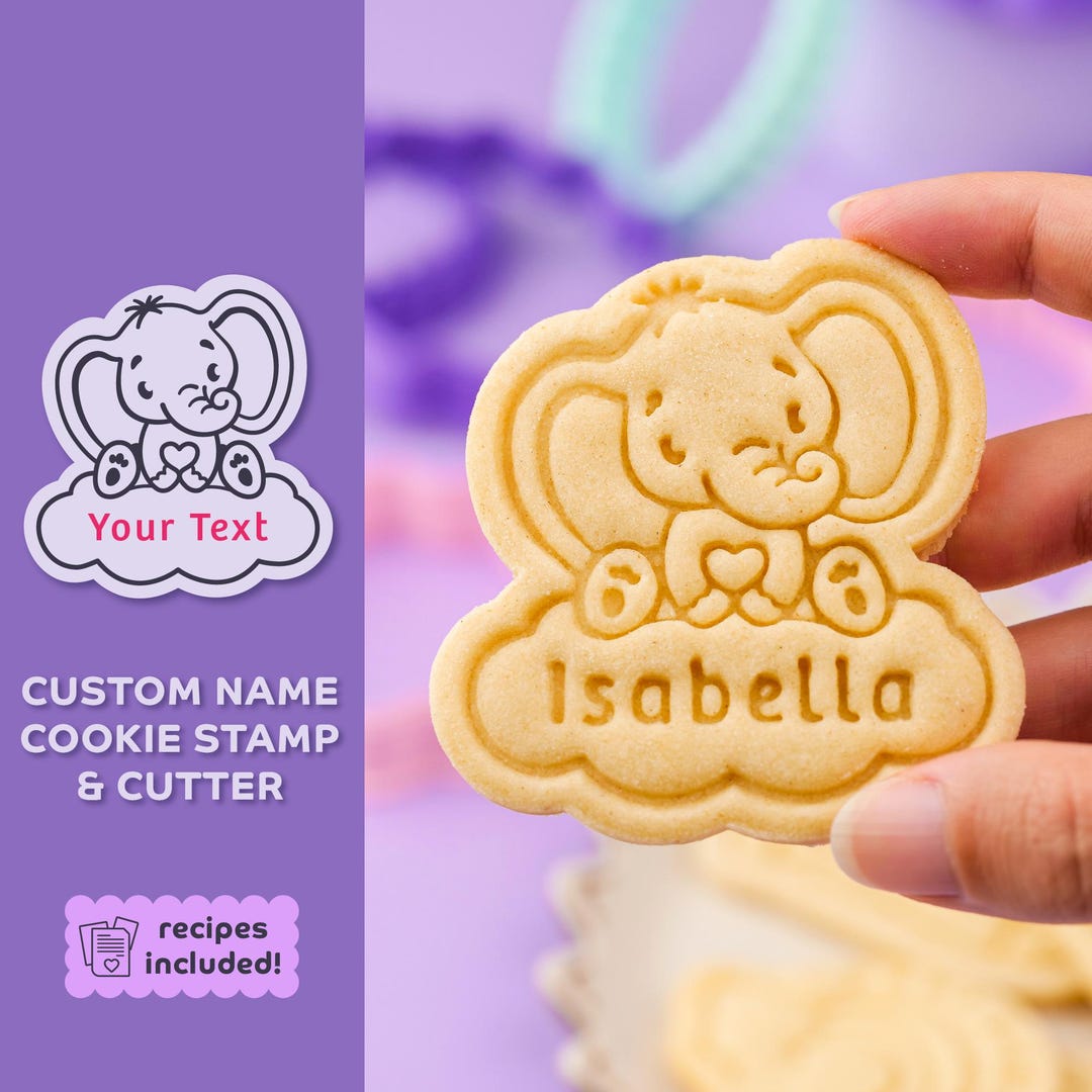 Custom Name Baby Elephant Cookie Stamp & Cutter Duo, Elephant on Cloud ...