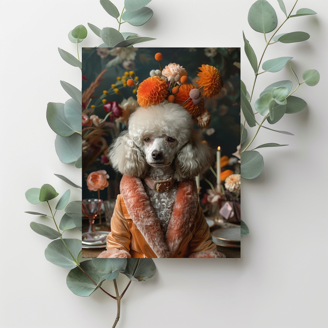 Poodle in Elegant Orange Robe With Flowers, White Nonbinary Dog Card ...
