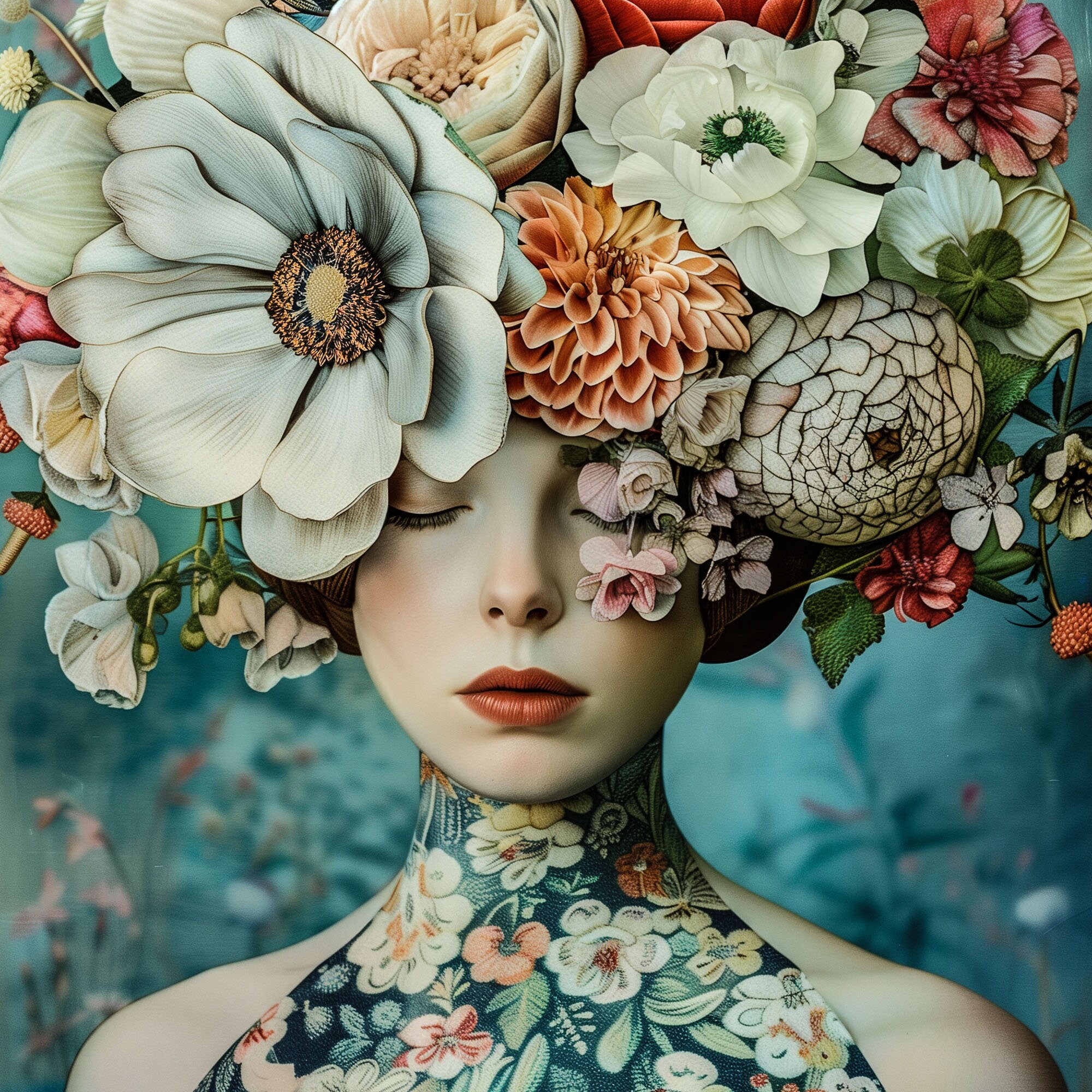 Woman in Bloom 1 Wall Art for Instant Download, Woman With Flowers and Blue Background, Modern ...