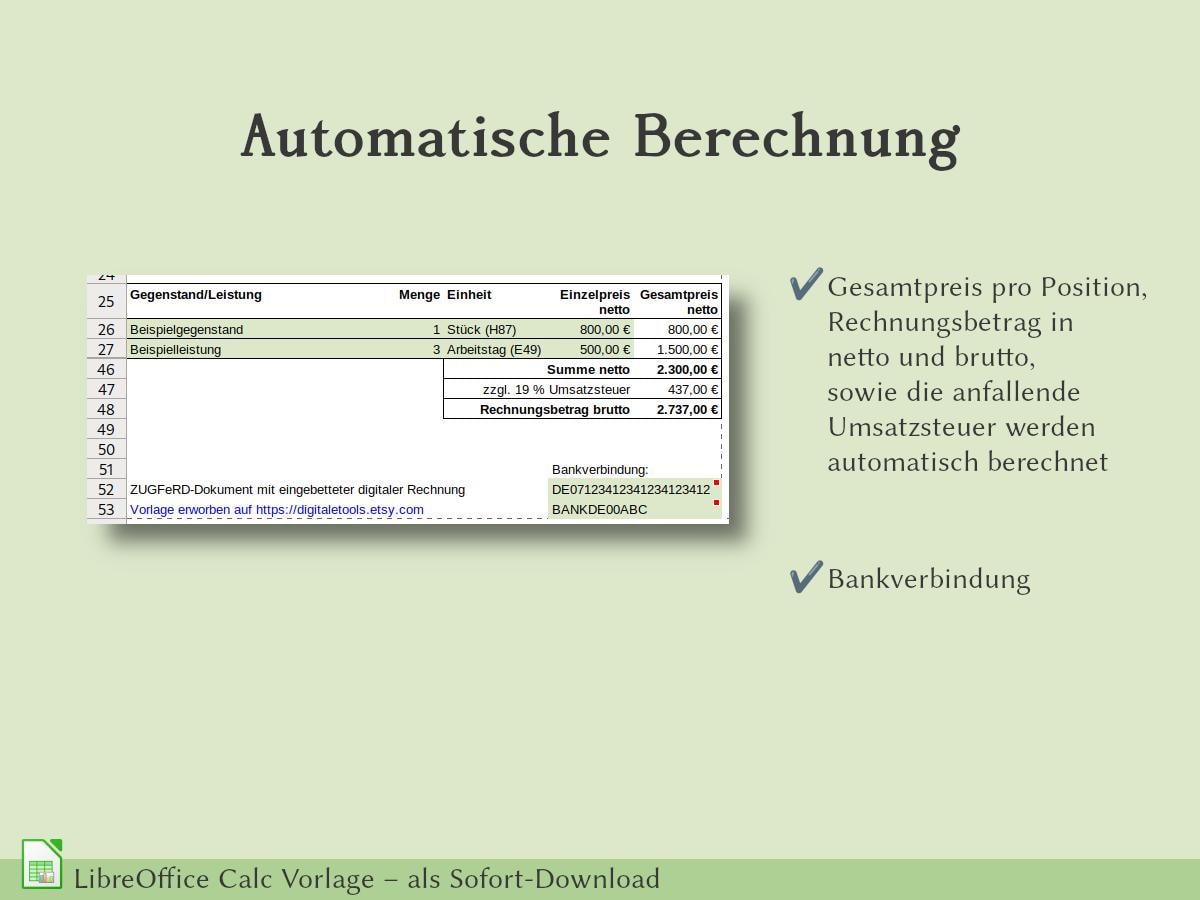 E-rechnung Mit 19 % Ust. / Zugferd-format (norm EN 16931) / Libreoffice Calc Vorlage - Etsy