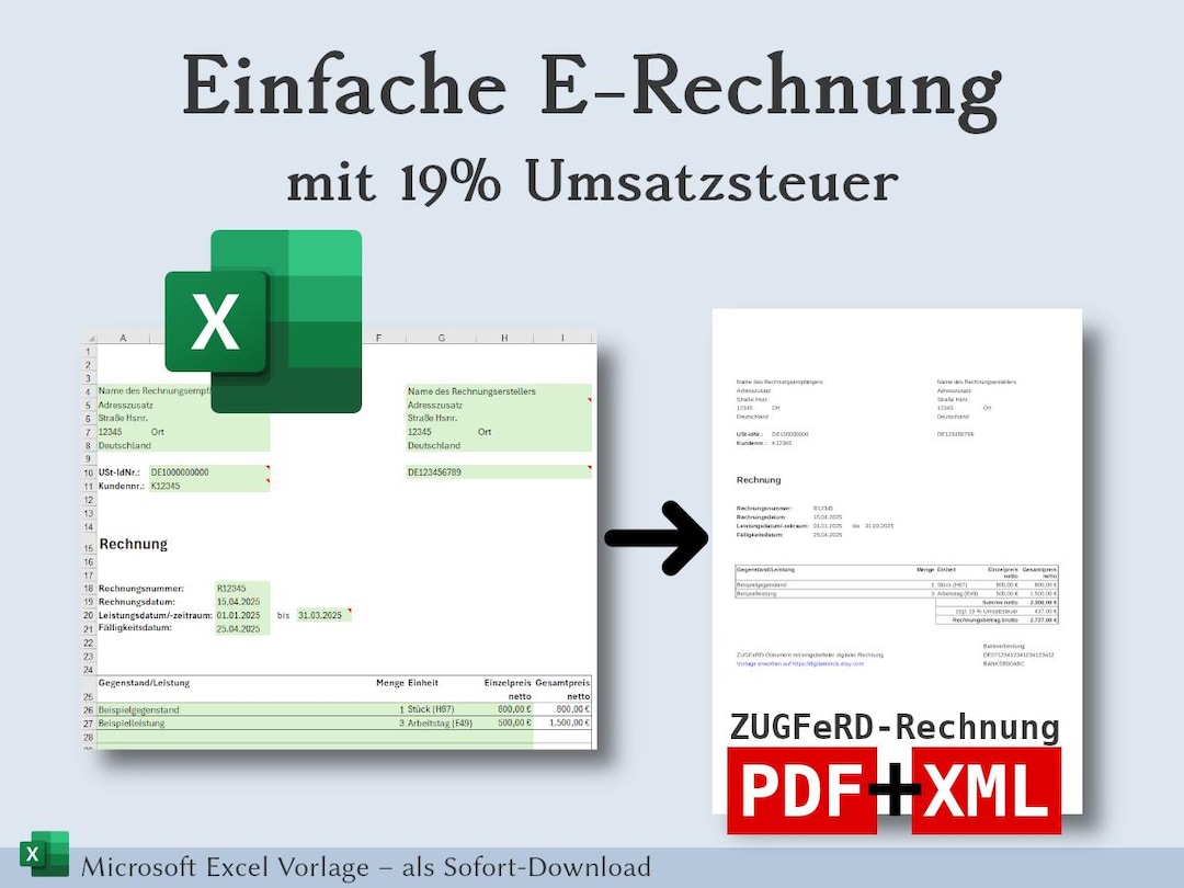 E-Rechnung mit 19 % USt. / ZUGFeRD-Format (Norm EN 16931) / MS Excel ...