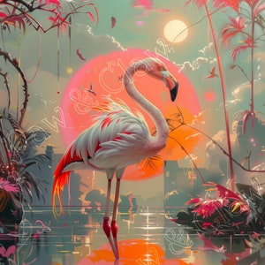 Pink Paradise Flamingo Sunset Art Print Digital Download Retro Wall ...
