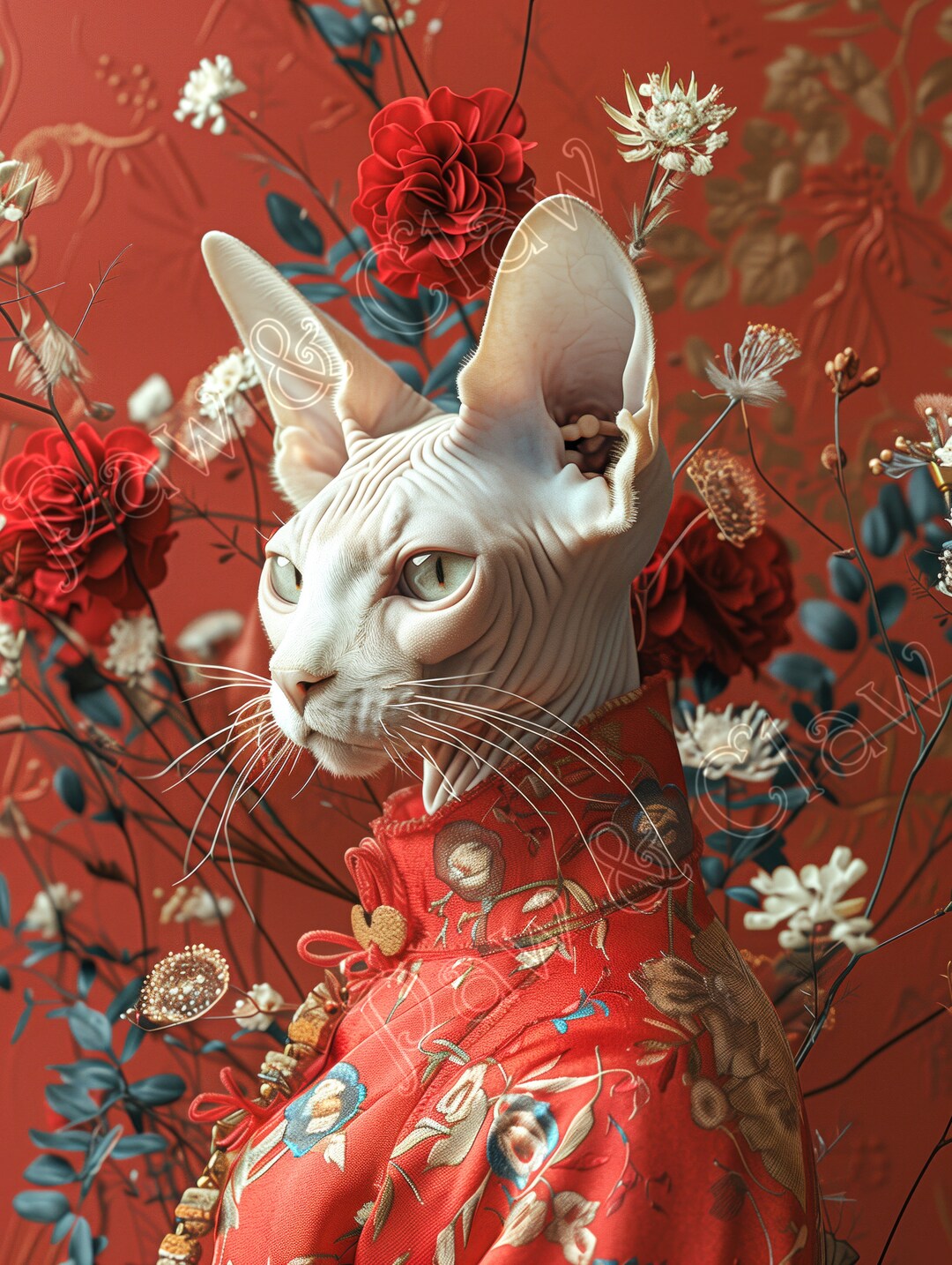 Sphynx Cat in Floral Kimono Vintage Cat Art Steampunk Animal Retro Wall ...
