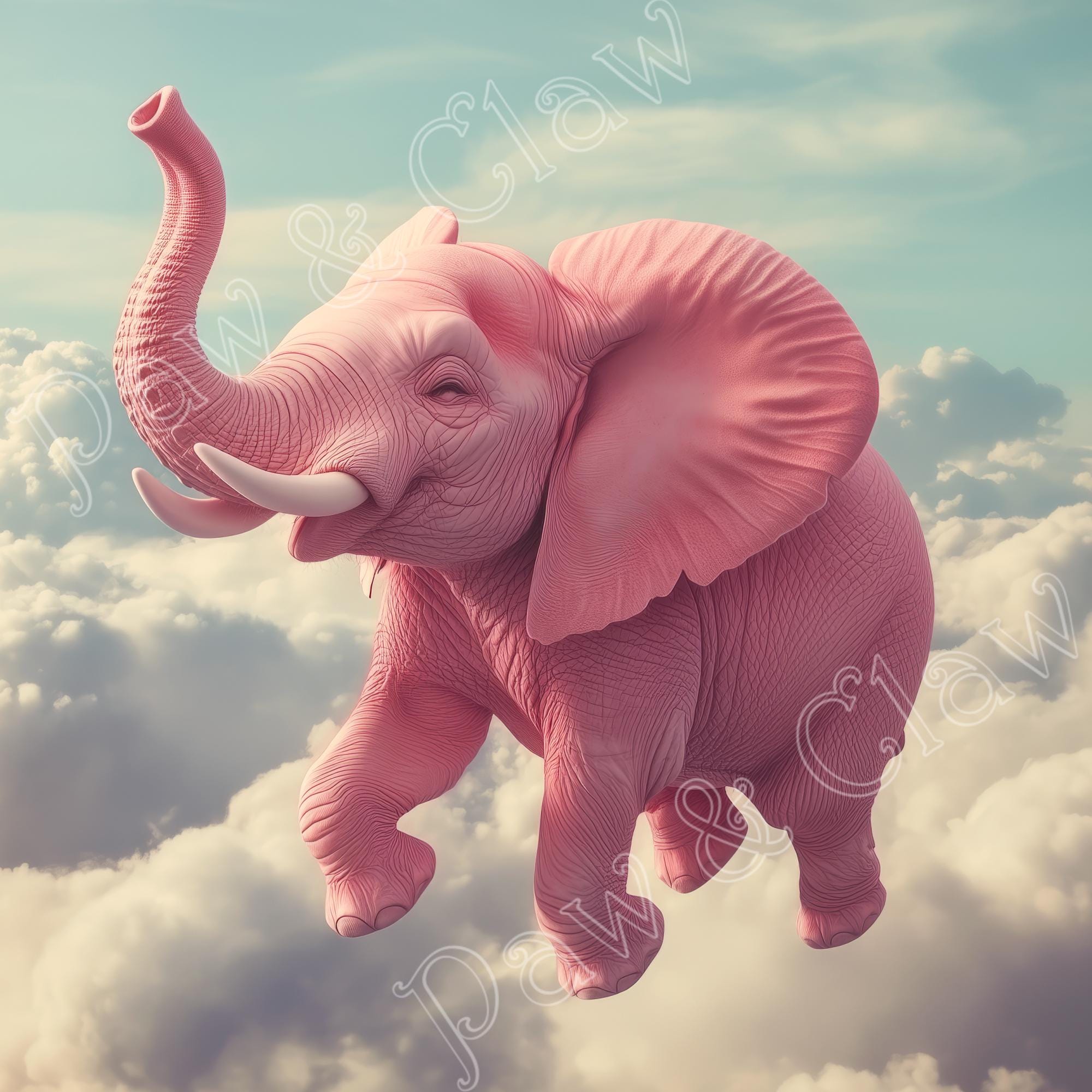Pink Elephant Flying in the Clouds, Instant Download Original Boho Wall ...