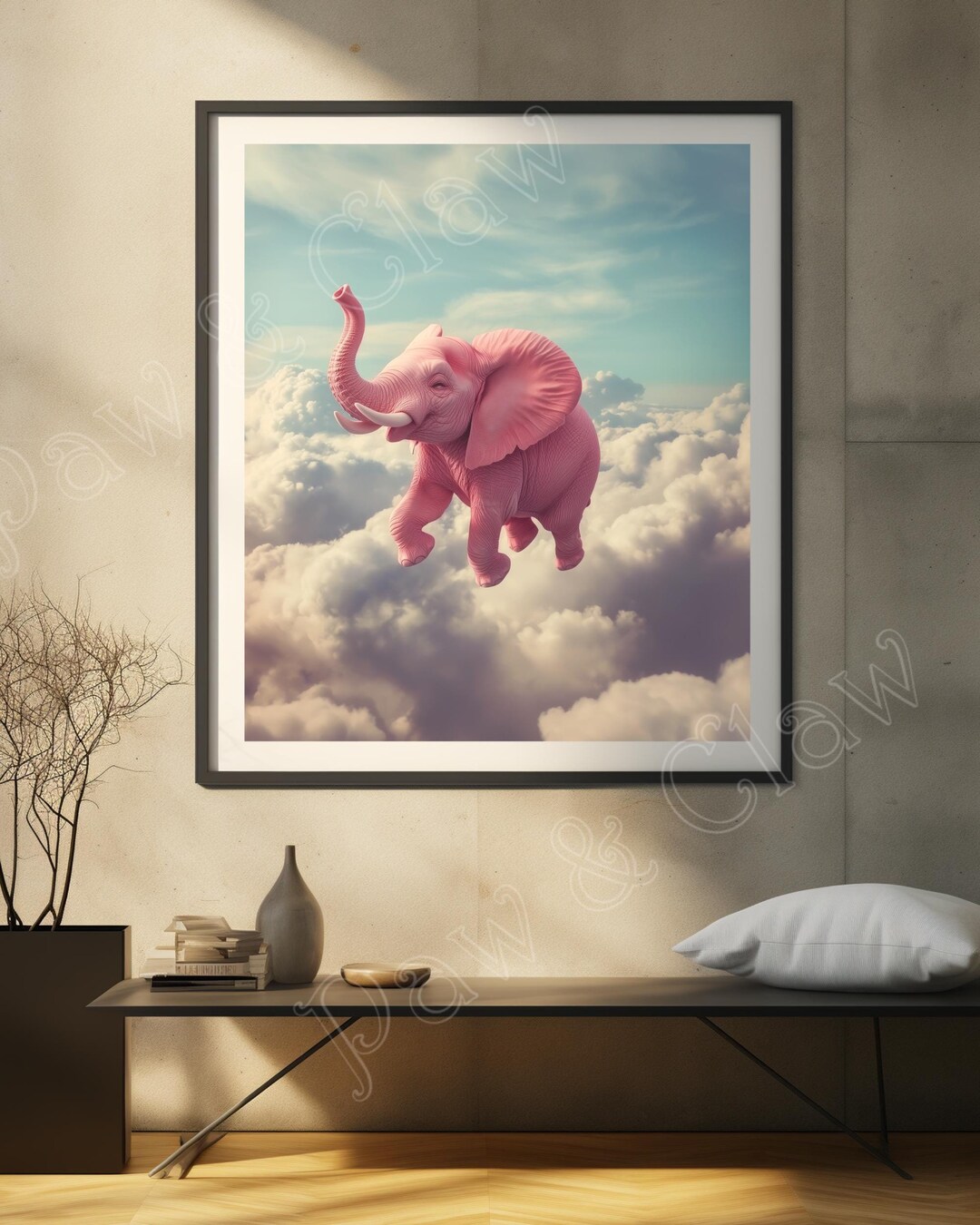 Pink Elephant Flying in the Clouds, Instant Download Original Boho Wall ...