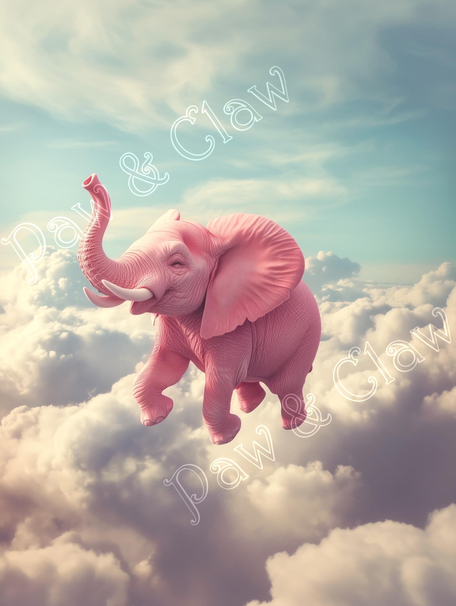 Pink Elephant Flying in the Clouds, Instant Download Original Boho Wall ...