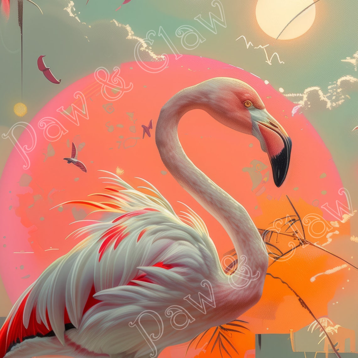 Pink Paradise Flamingo Sunset Art Print Digital Download Retro Wall ...