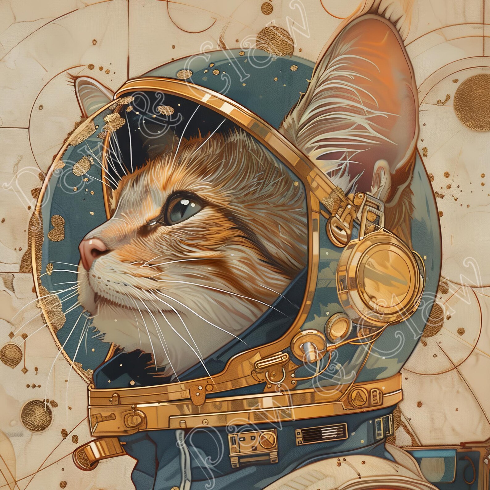 Art Nouveau Space Cat Astronaut Sci-fi Cat Digital Print Download Cat ...