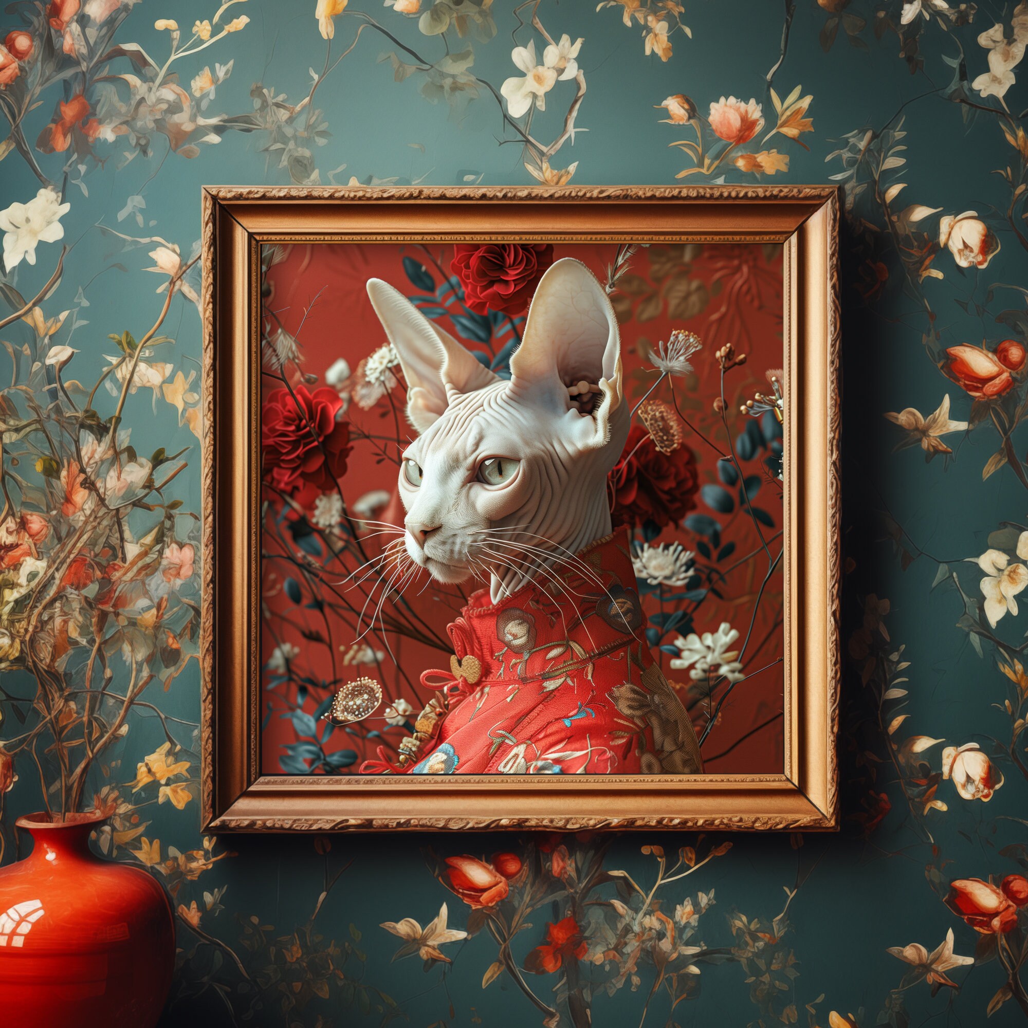 Sphynx Cat in Floral Kimono Vintage Cat Art Steampunk Animal Retro Wall ...