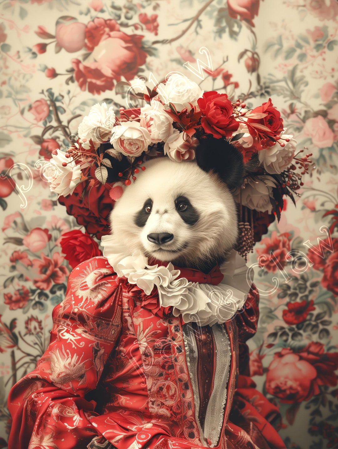 The Lady Panda With Floral Wallpaper Instant Download Art Victorian ...