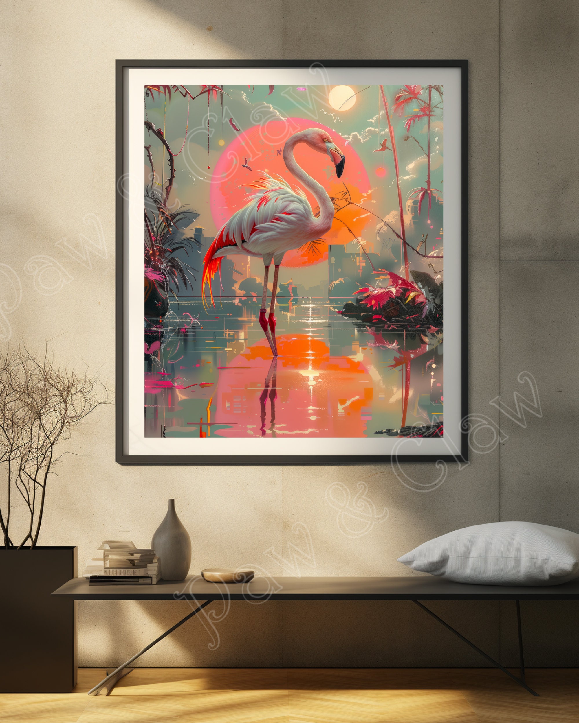 Pink Paradise Flamingo Sunset Art Print Digital Download Retro Wall ...