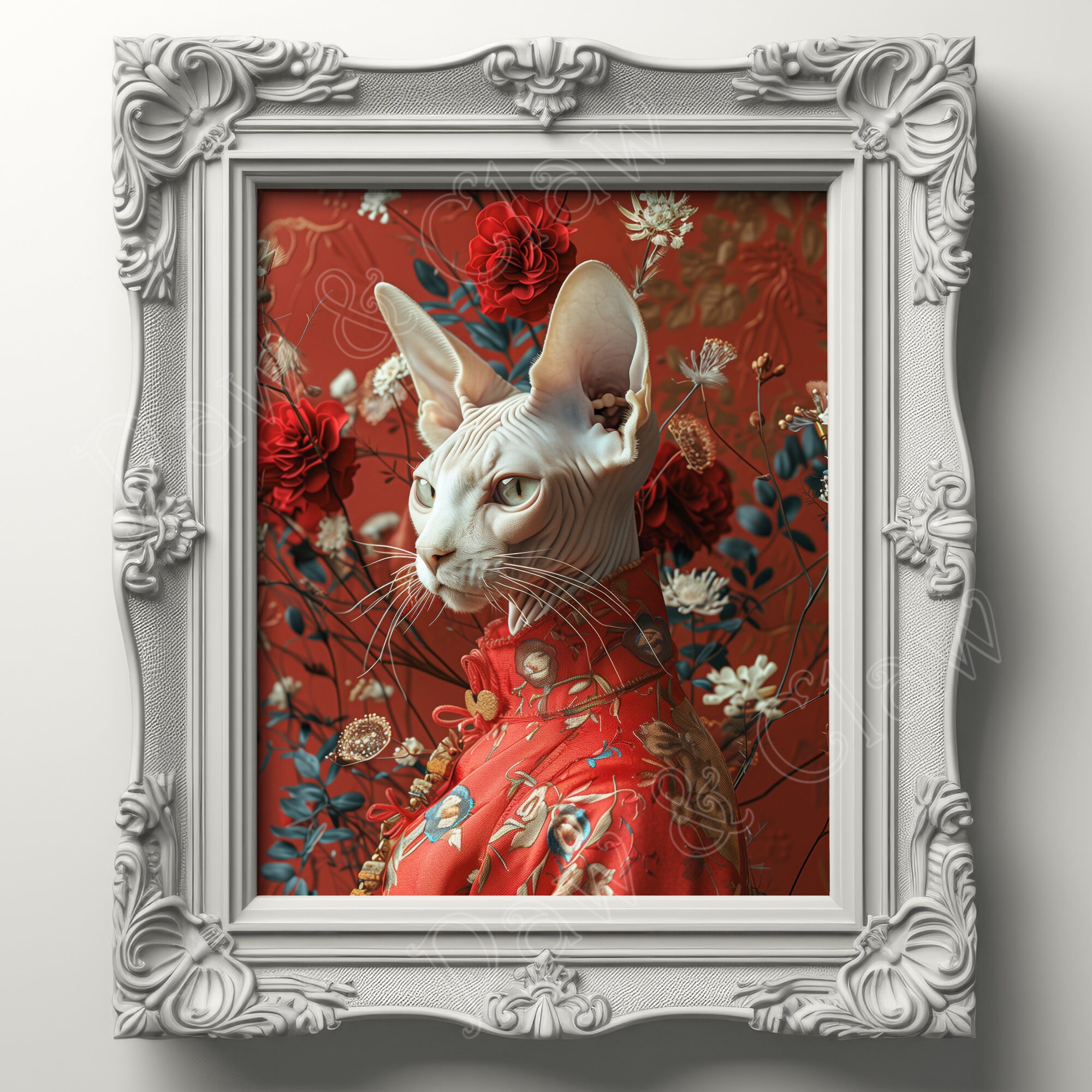 Sphynx Cat in Floral Kimono Vintage Cat Art Steampunk Animal Retro Wall ...