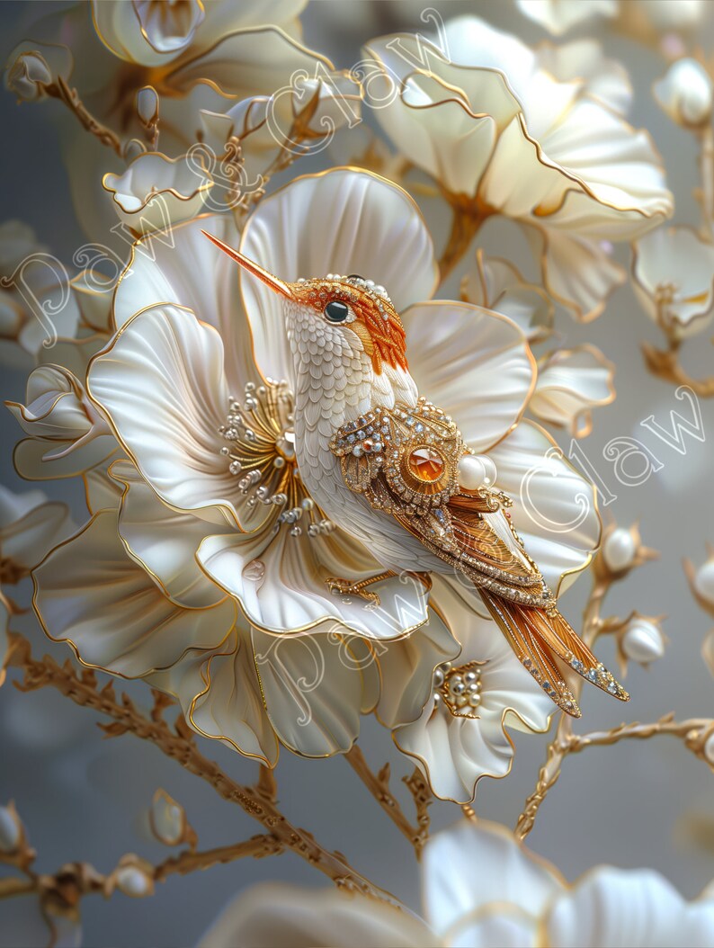 Jeweled Bird on Flowers Instant Download Ornate Diamond Decorated Bird ...