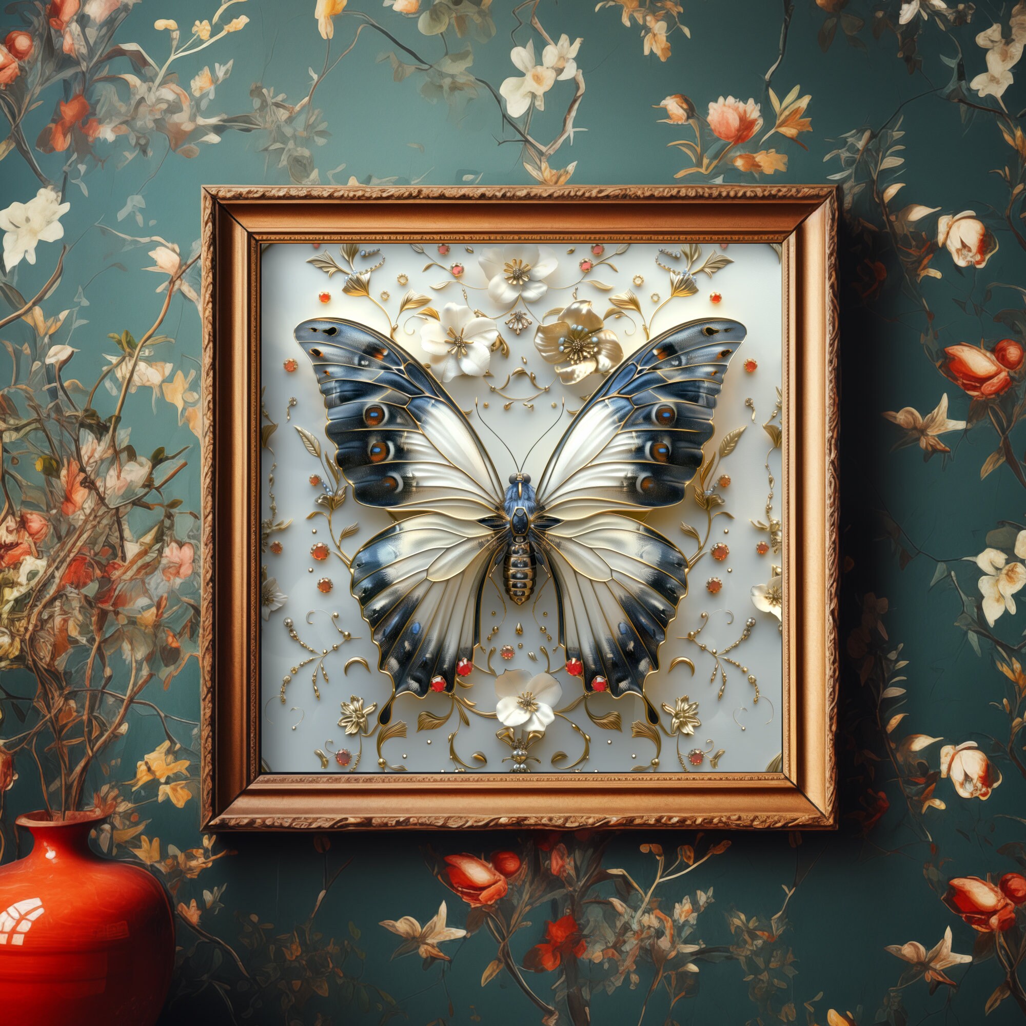 Butterfly With Ornate Jeweled Flowers Digital Download Gemstone Inlaid ...