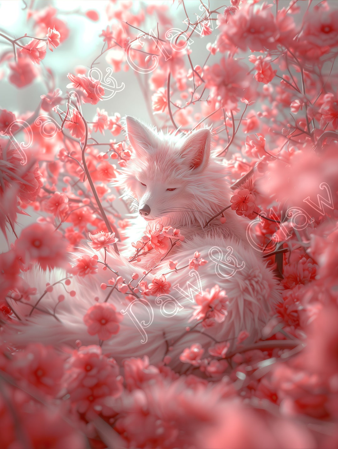 Arctic Fox and Pink Blossoms Print Digital Download, White Fox Print ...