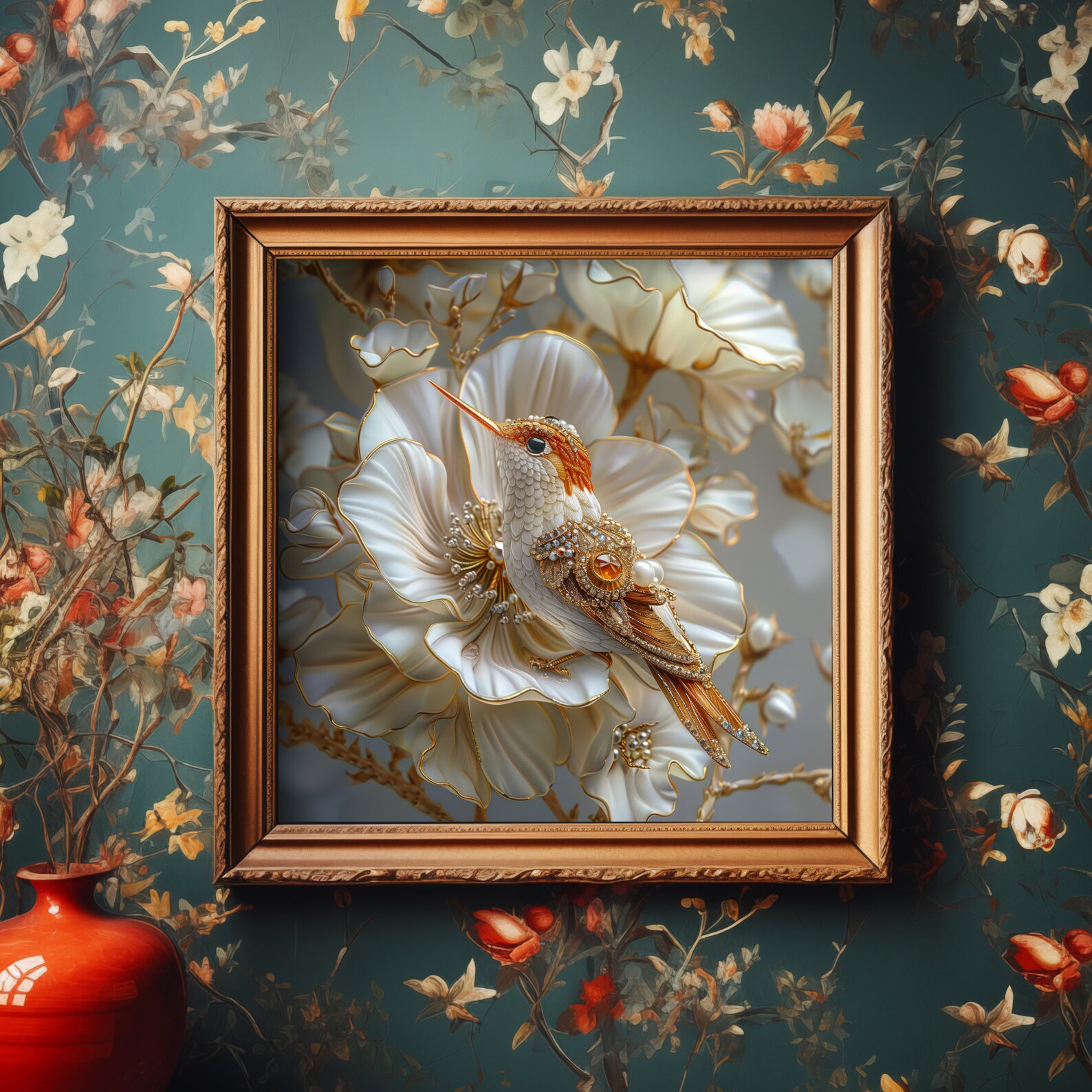 Jeweled Bird on Flowers Instant Download Ornate Diamond Decorated Bird ...