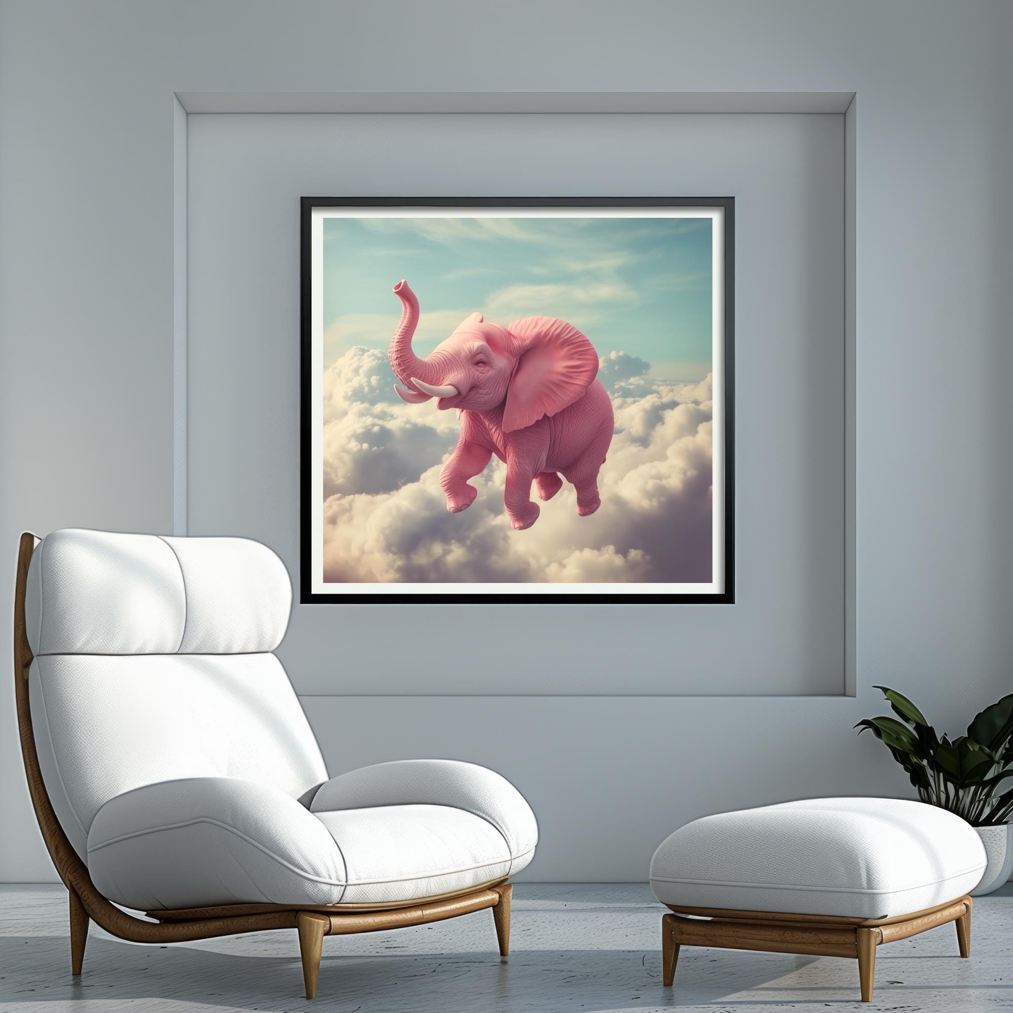 Pink Elephant Flying in the Clouds, Instant Download Original Boho Wall ...