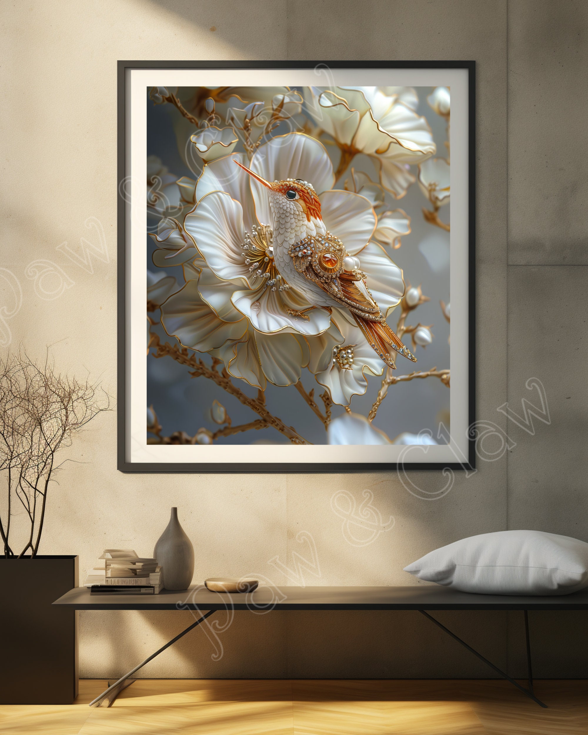 Jeweled Bird on Flowers Instant Download Ornate Diamond Decorated Bird ...