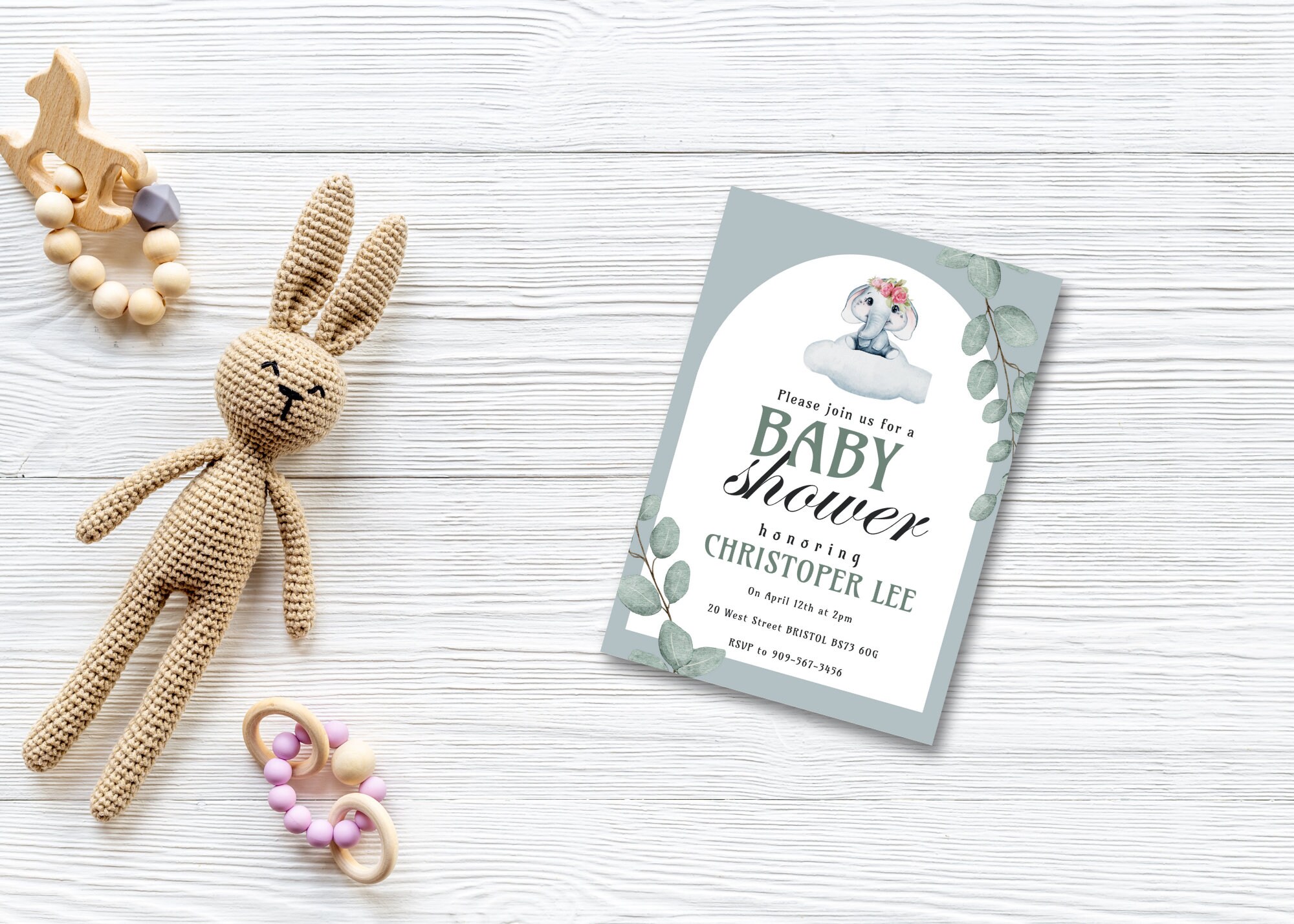 Editable Ash & Black Baby Shower Invitation Card Gender Neutral Design ...