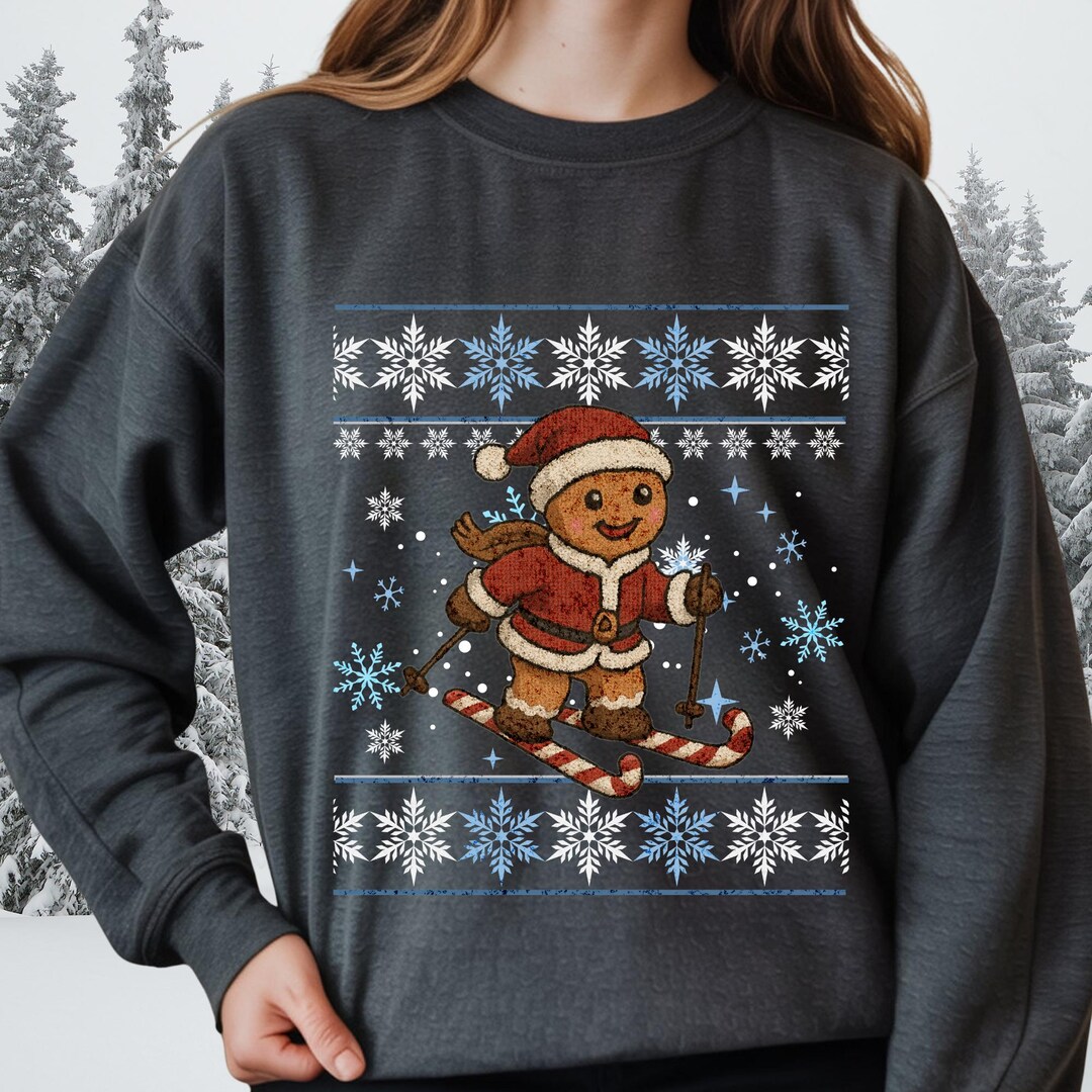 Skiing Gingerbread Man Ugly Christmas Sweater: Funny Holiday Crewneck ...