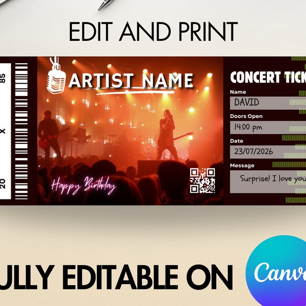 Editable Concert Ticket Template, Printable Live Concert Tickets, Event ...