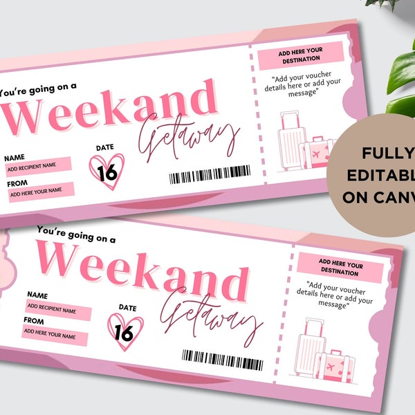 Weekend Getaway Ticket Template, Editable Travel Voucher, Romantic ...