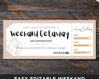 Weekend Getaway Ticket Template, Editable Travel Voucher, Romantic ...