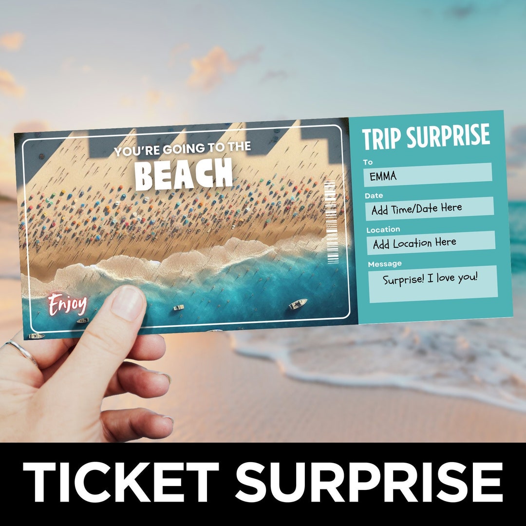 Surprise Beach Ticket, Summer Vacation Voucher Template, Beach Trip ...
