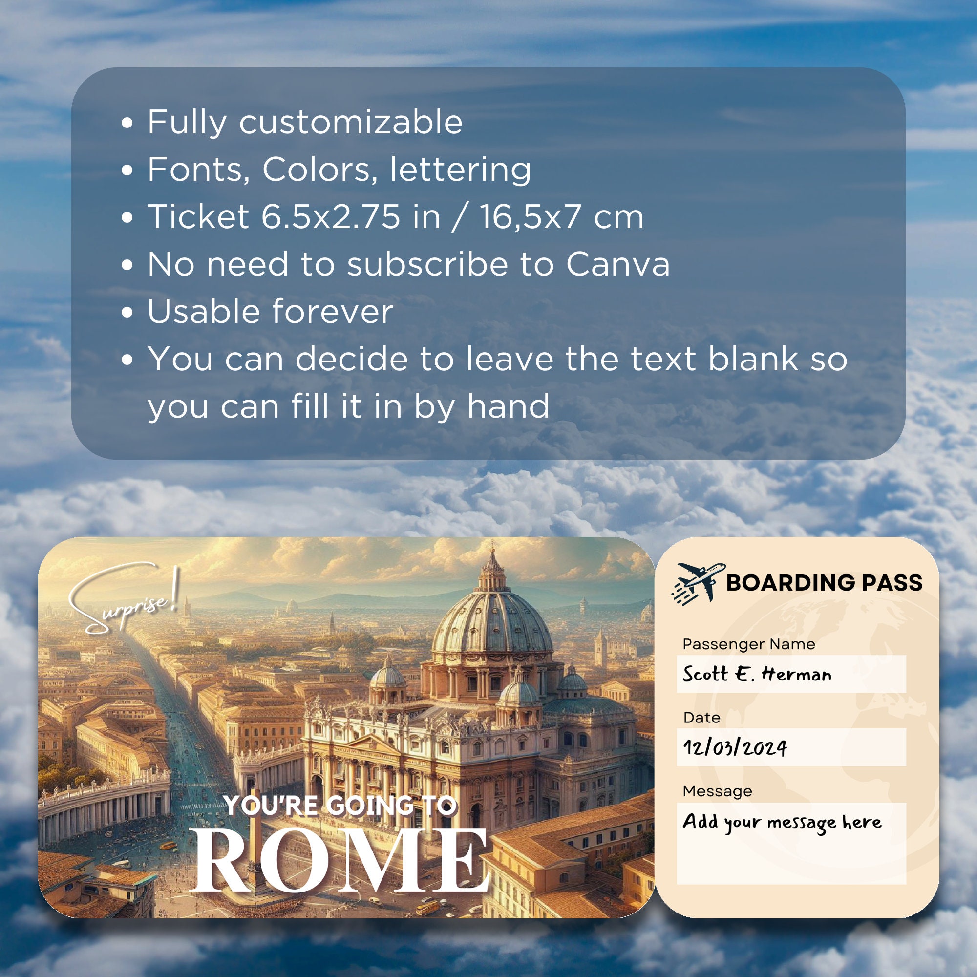 Rome Plane Ticket Template, Boarding Pass Ticket Template, Flight ...