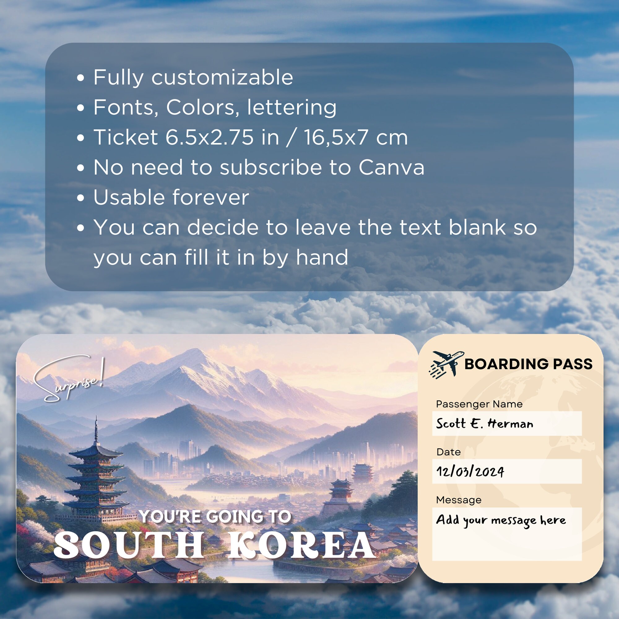 South Korea Plane Ticket Template, Boarding Pass Ticket Template ...