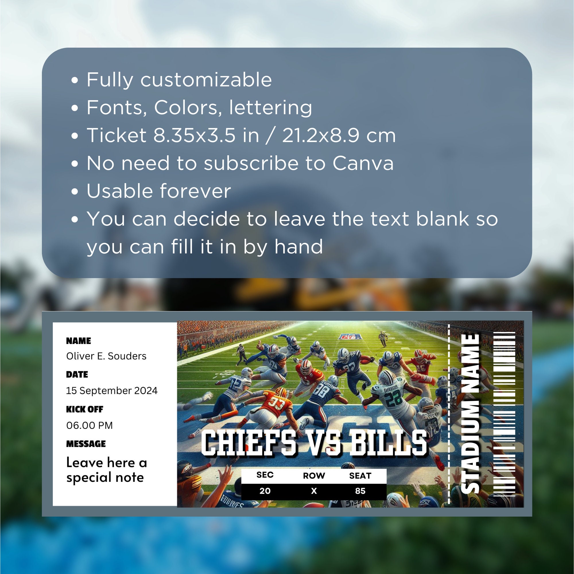 Nfl Ticket Template, Event Ticket, Football Game Ticket, Sports Event ...