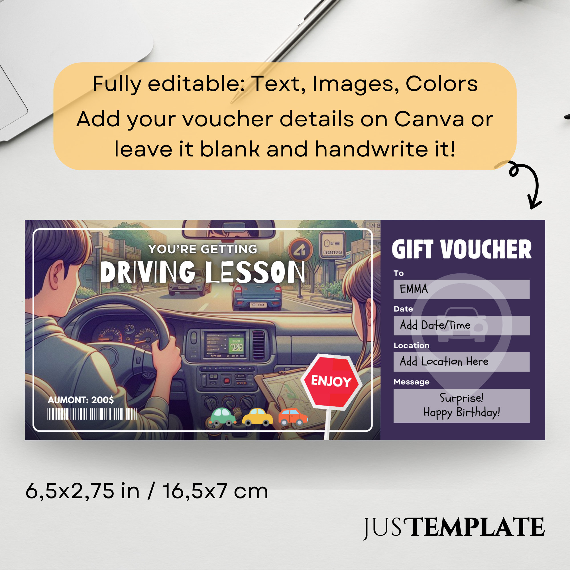 Driving Lesson Voucher, Drive Ticket Template, Experience Gift, Driving ...