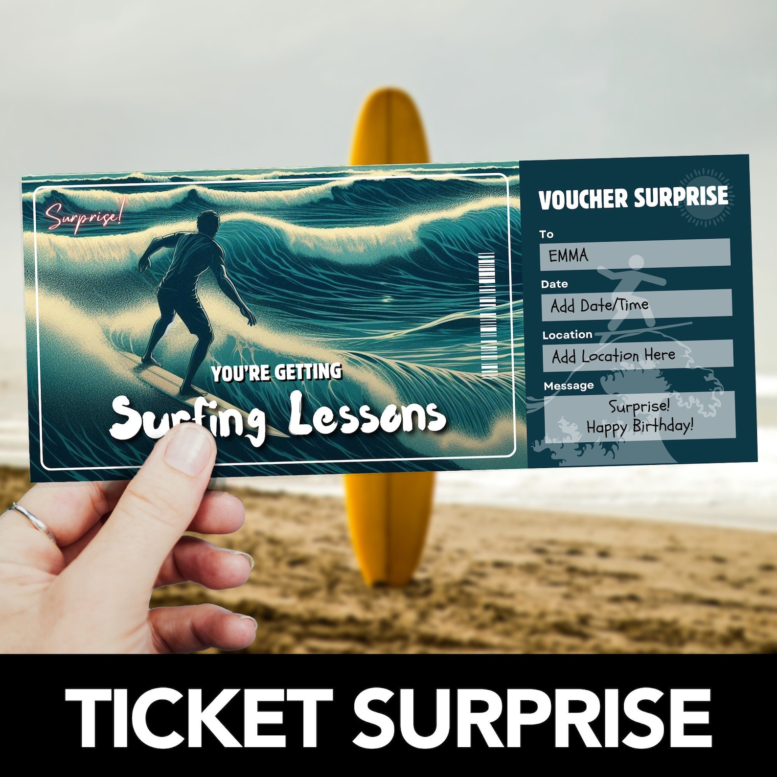 Surfing Ticket, Surfing Lesson Voucher Template, Printable Surfing ...