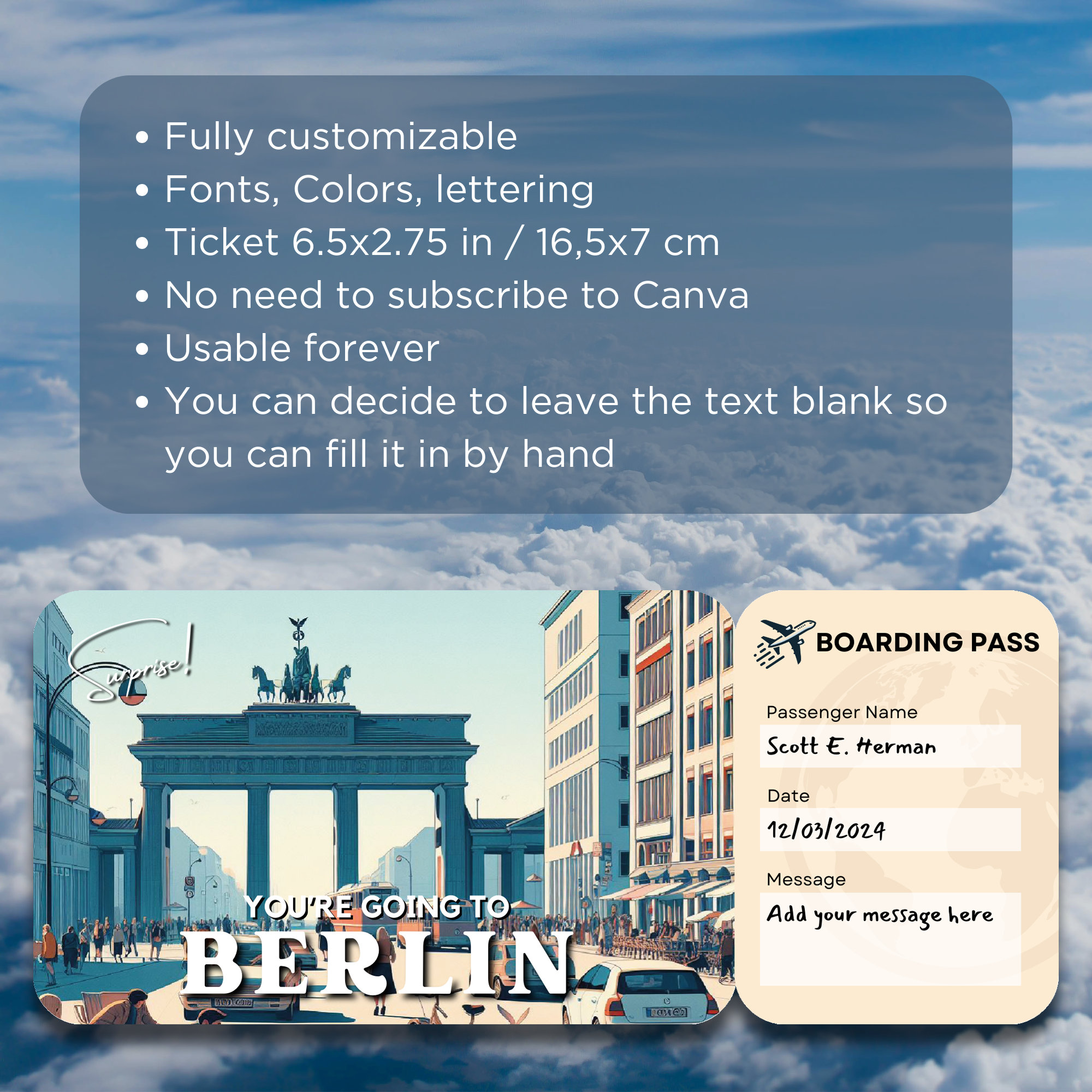 Berlin Plane Ticket Template, Boarding Pass Ticket Template, Airline ...
