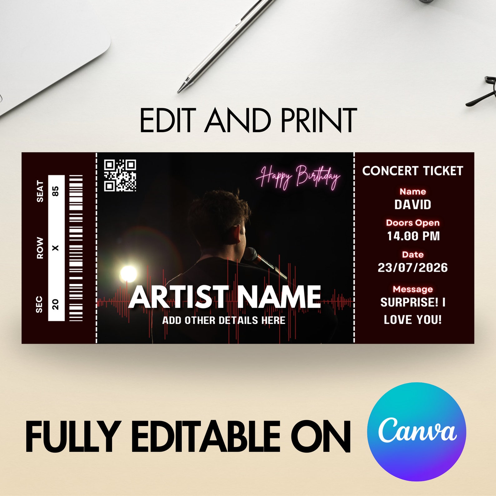 Editable Concert Ticket Template, Printable Live Concert Tickets, Event ...