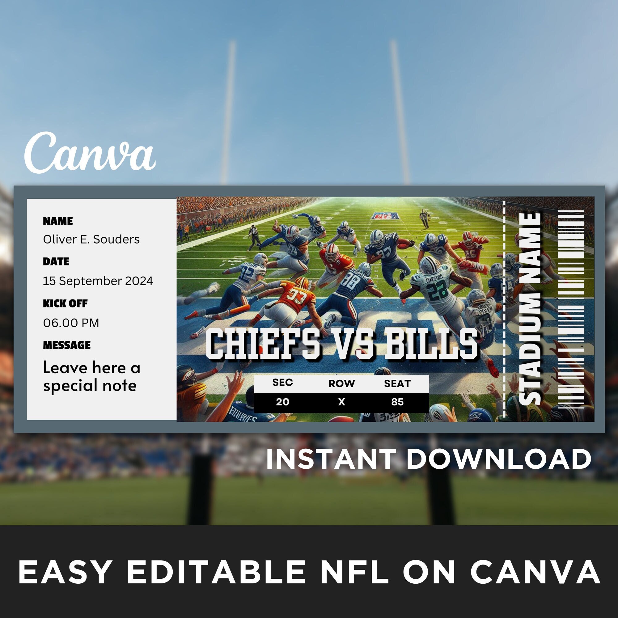 Nfl Ticket Template, Event Ticket, Football Game Ticket, Sports Event ...