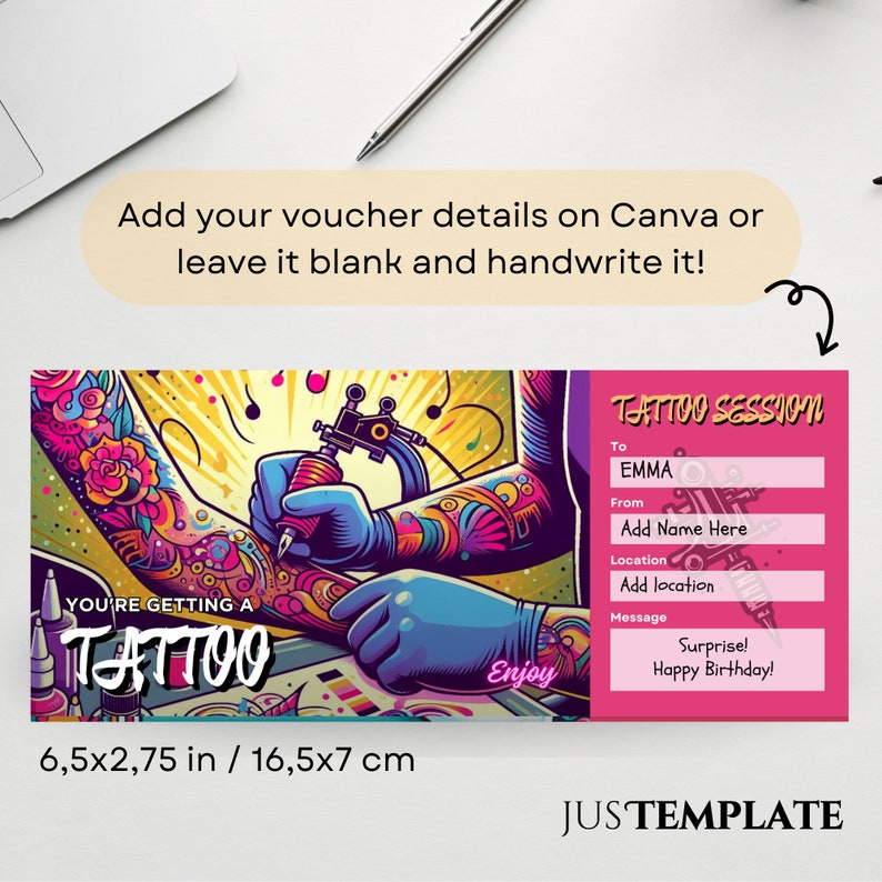 Tattoo Voucher Template, Printable Tattoo Ticket, Ticket Surprise ...