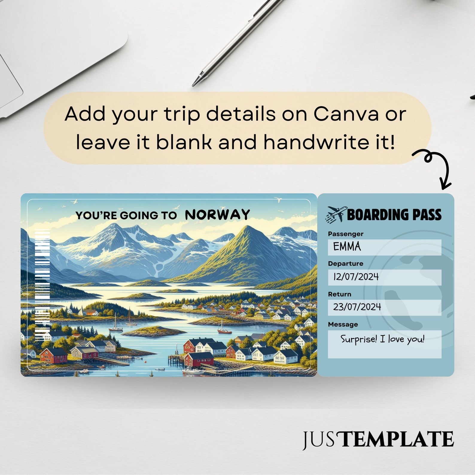 Norway Boarding Pass, Trip Surprise, Plane Ticket Template, Boarding ...