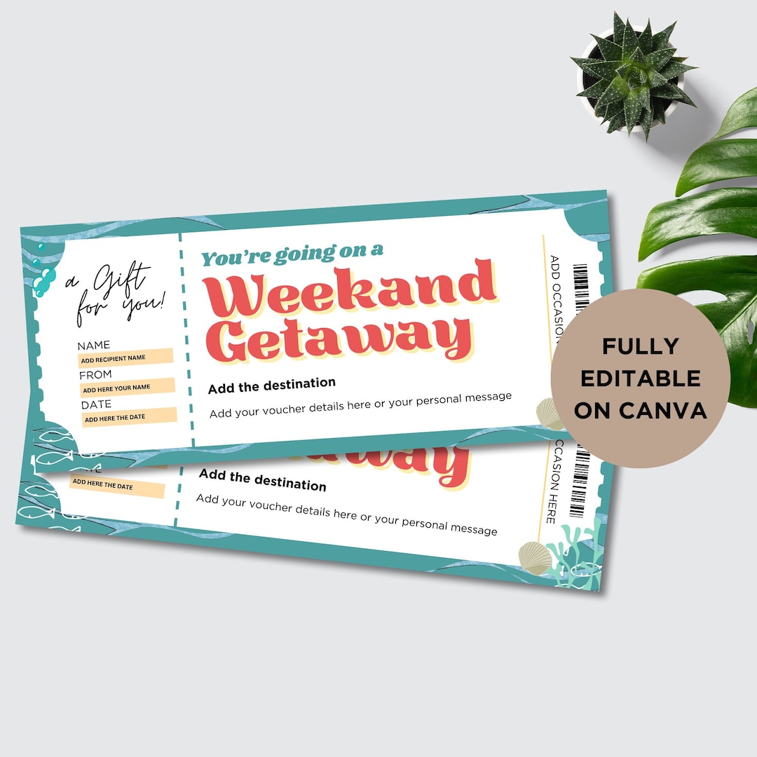 Weekend Getaway Ticket Template, Editable Travel Voucher, Romantic ...