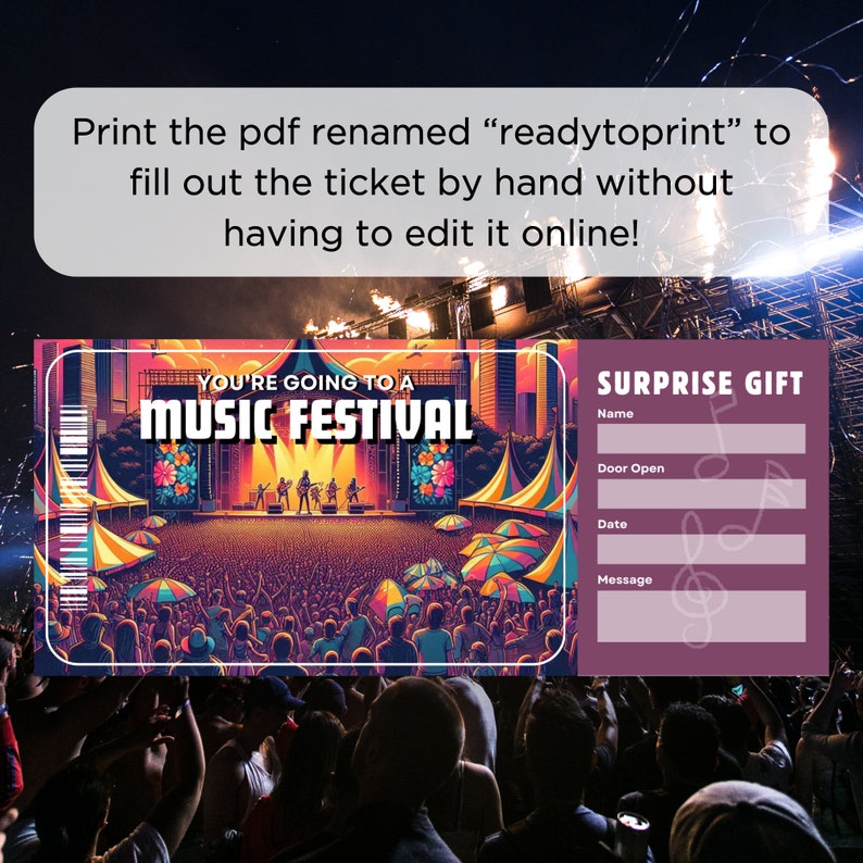 Music Festival Ticket Template, Printable Concert Ticket, Surprise ...